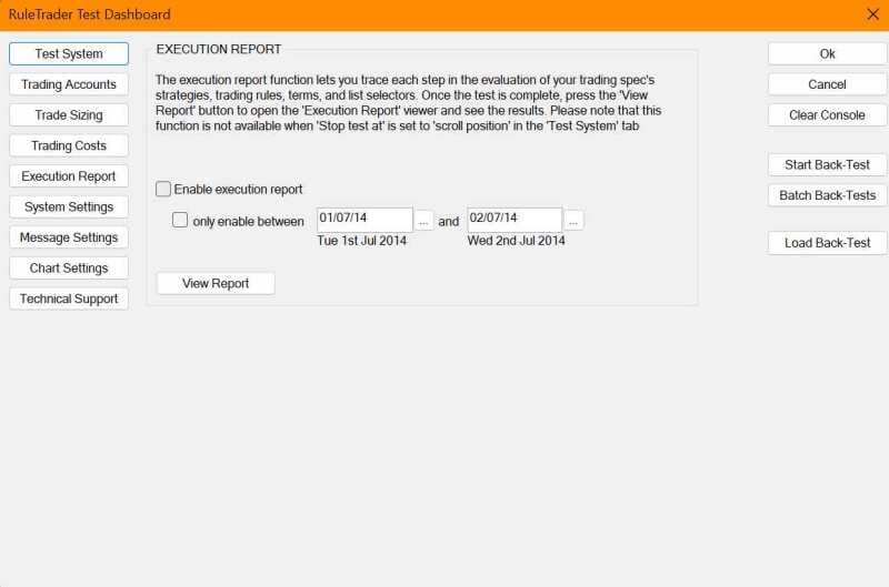 Execution Report tab – RuleTrader