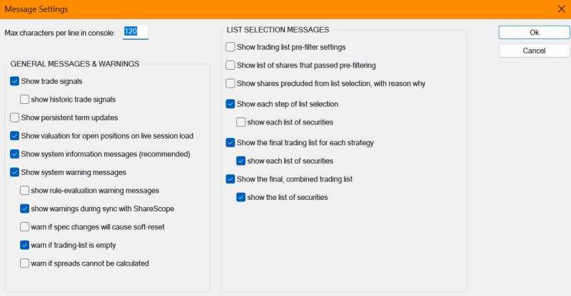 Message Settings tab – RuleTrader