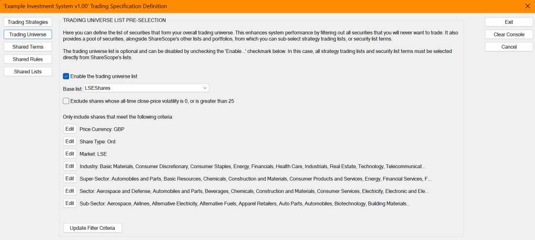 The Example System’s Trading Universe – RuleTrader